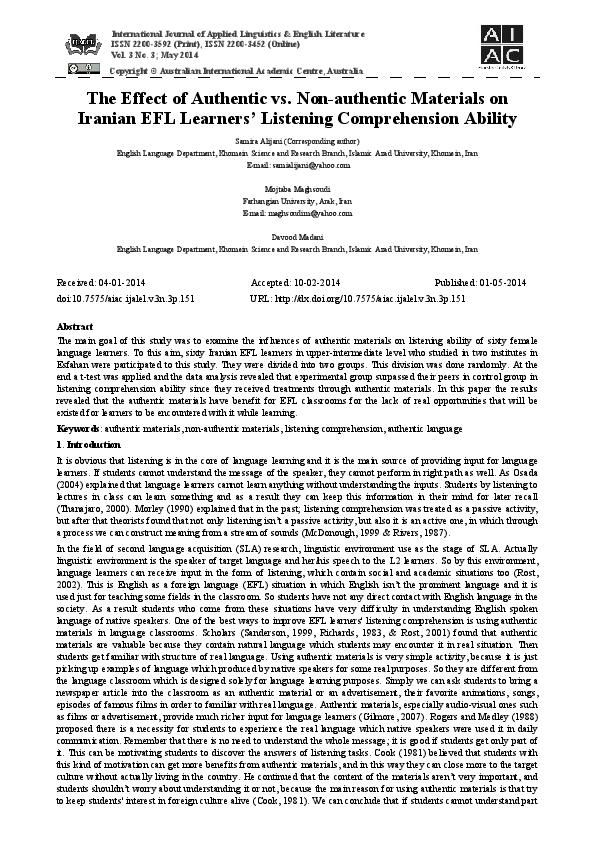 (PDF) The Effect of Authentic vs. Non-authentic Materials on Iranian EFL Learners' Listening ...
