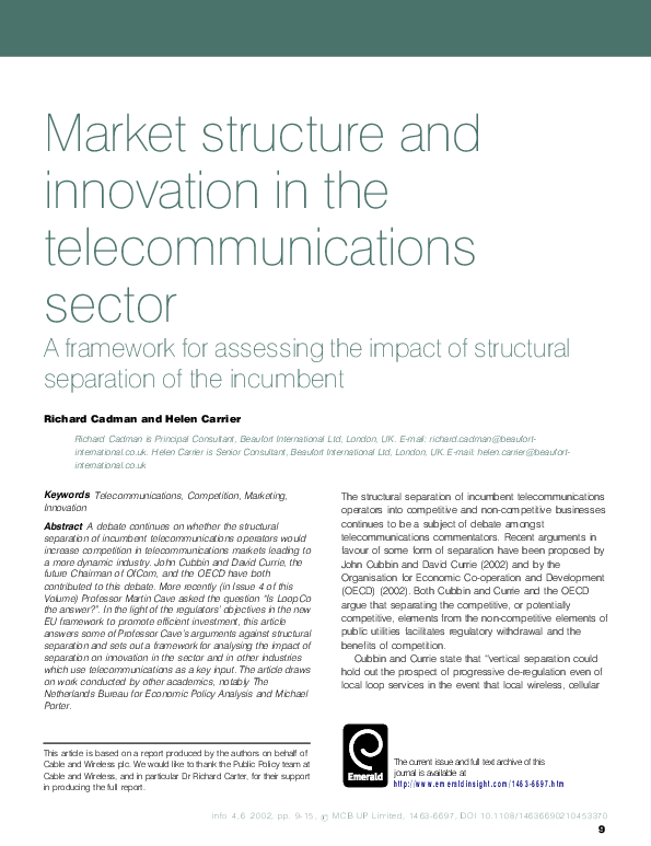 (PDF) Market structure and innovation in the telecommunications sector ...