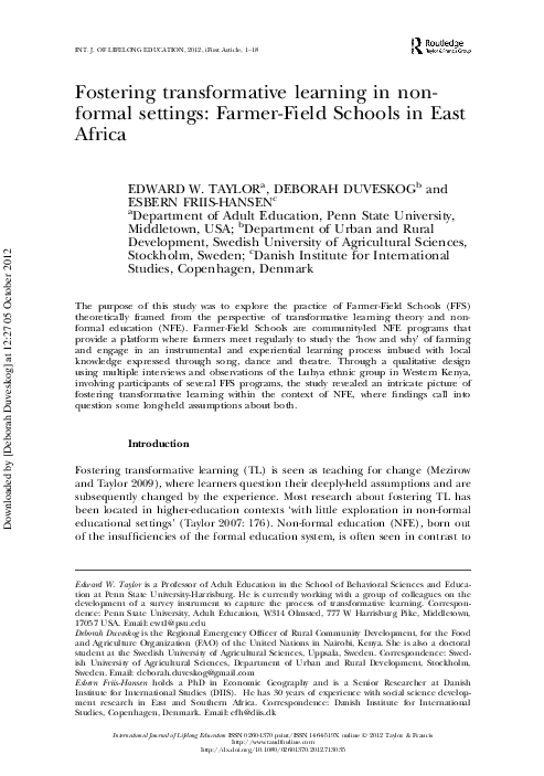 (PDF) Fostering transformative learning in non- formal settings: Farmer-Field Schools in East Africa