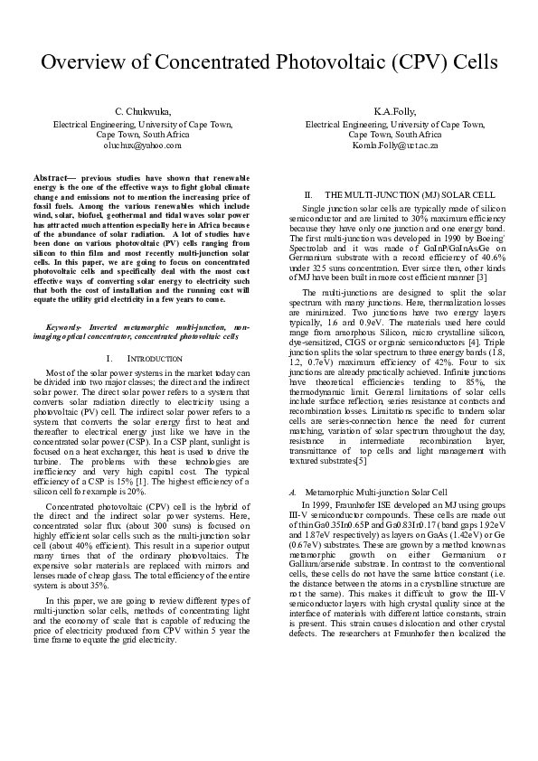 (PDF) Overview of Concentrated Photovoltaic (CPV) Cells