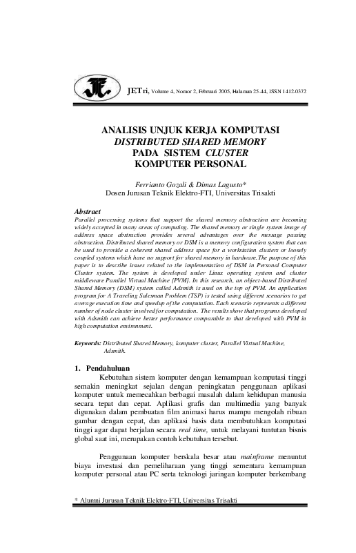 (PDF) JETri, ANALISIS UNJUK KERJA KOMPUTASI DISTRIBUTED SHARED MEMORY PADA SISTEM CLUSTER ...
