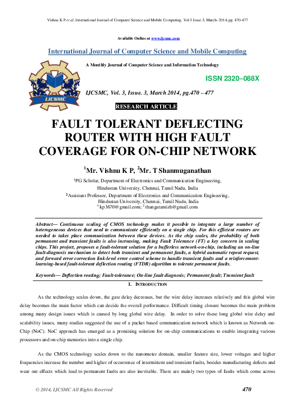 Pdf Fault Tolerant Deflecting Router With High Fault Coverage For On Chip Network