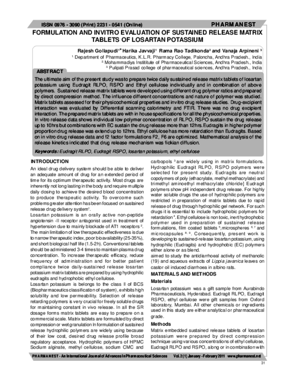 Pdf Formulation And Invitro Evaluation Of Sustained Release Matrix