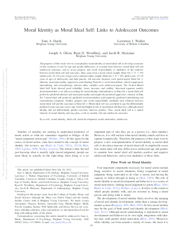 (PDF) Moral Identity as Moral Ideal Self: Links to Adolescent Outcomes