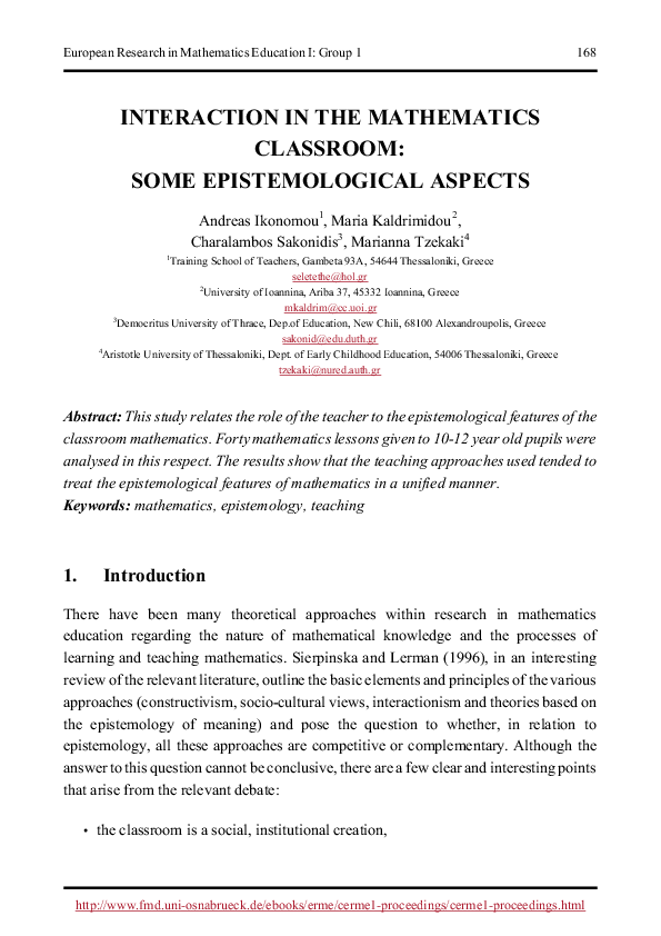 (PDF) INTERACTION IN THE MATHEMATICS CLASSROOM: SOME EPISTEMOLOGICAL ...