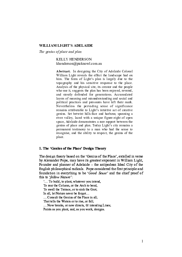 (PDF) WILLIAM LIGHT'S ADELAIDE The genius of place and plan