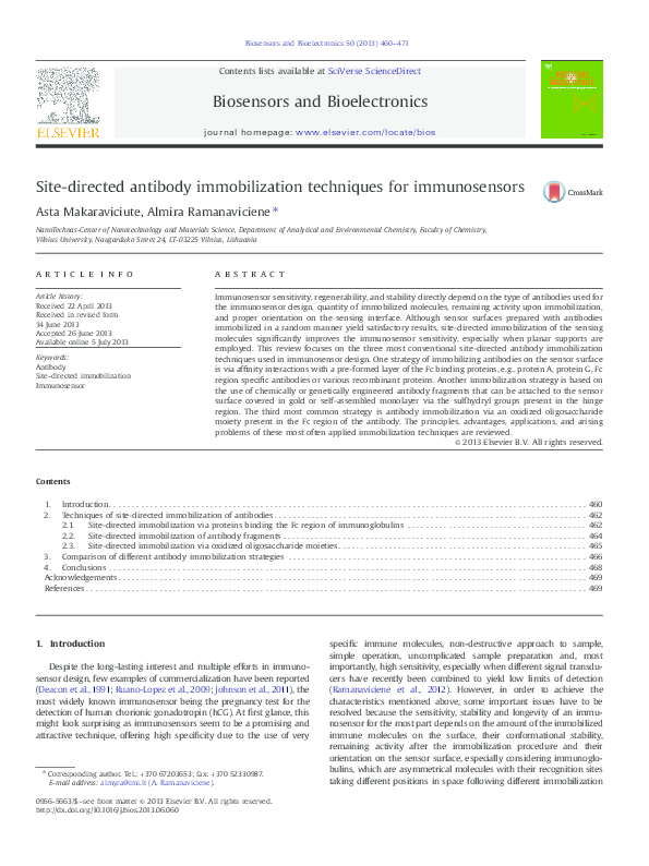 Site-directed antibody immobilization techniques for immunosensors