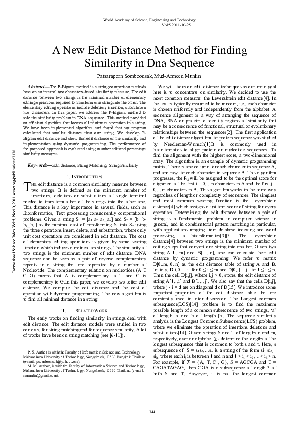 (PDF) A New Edit Distance Method for Finding Similarity DNA sequence