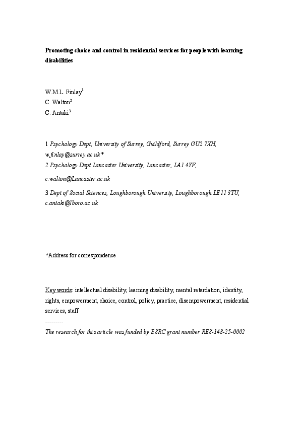 (PDF) Promoting choice and control in residential services for people ...