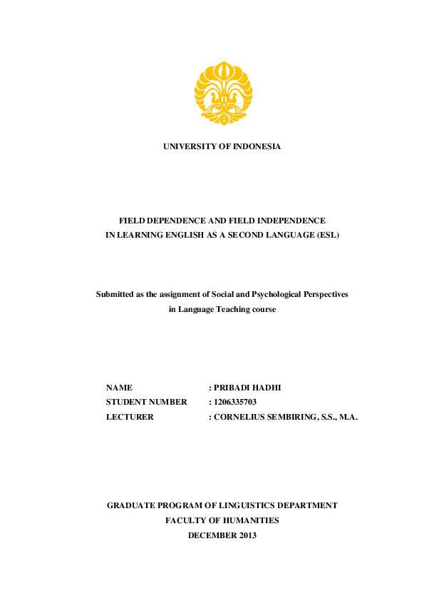 (PDF) Field Dependence and Independence in English as a Second Language ...