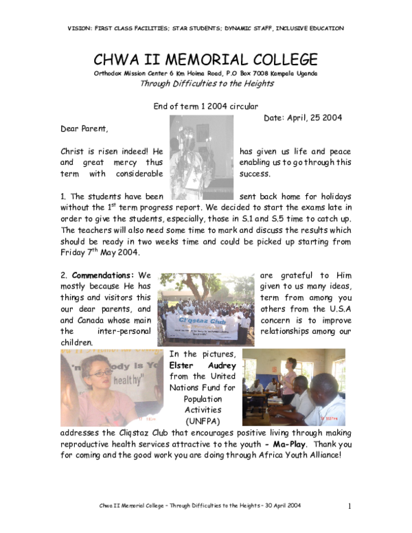 (PDF) Chwa II Memorial College Newsletter from the Principal
