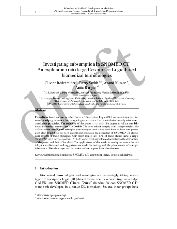 (PDF) Investigating subsumption in SNOMED CT: An exploration into large description logic-based ...