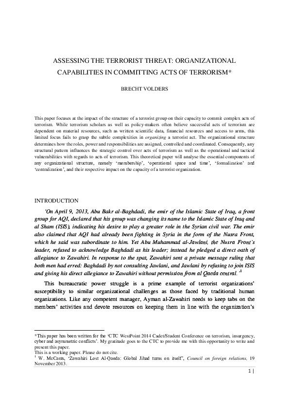 (DOC) ASSESSING THE TERRORIST THREAT: ORGANIZATIONAL CAPABILITIES IN ...