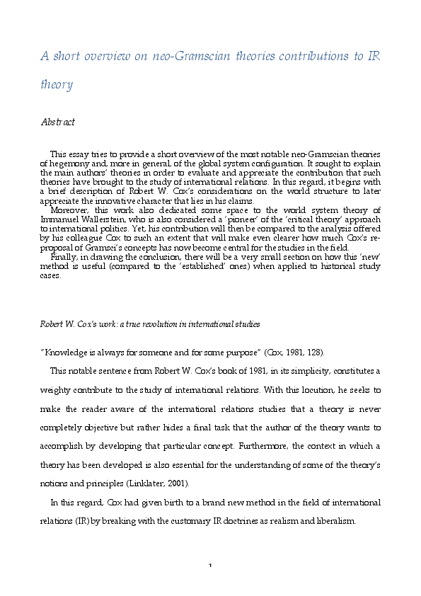 (PDF) A short overview of neo-Gramscian theories contributions to IR