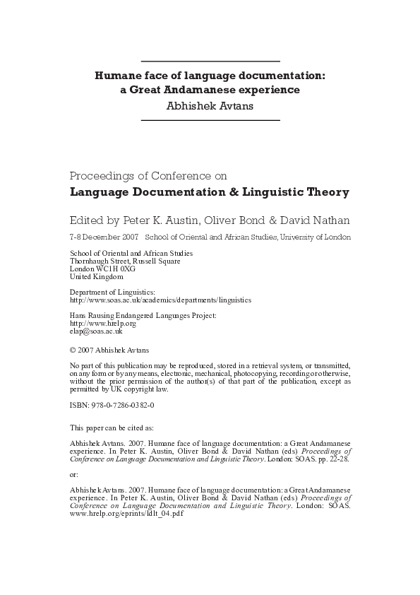 (PDF) Humane face of language documentation: a Great Andamanese experience
