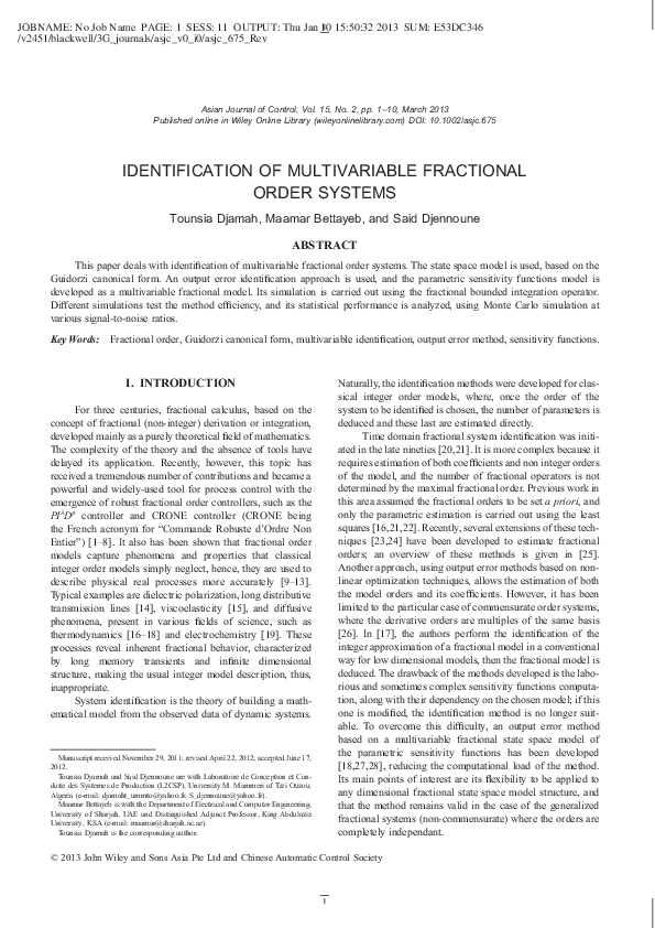 (PDF) IDENTIFICATION OF MULTIVARIABLE FRACTIONAL ORDER SYSTEMS