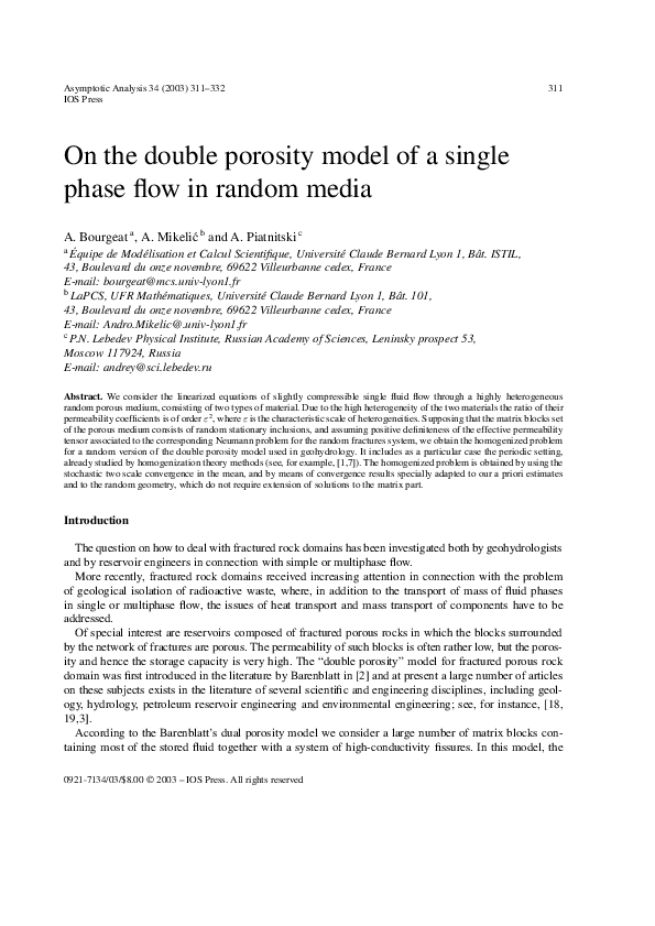 Pdf On The Double Porosity Model Of A Single Phase Flow In Random Media