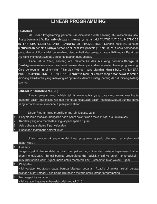 (DOC) Sejarah LINEAR PROGRAMMING