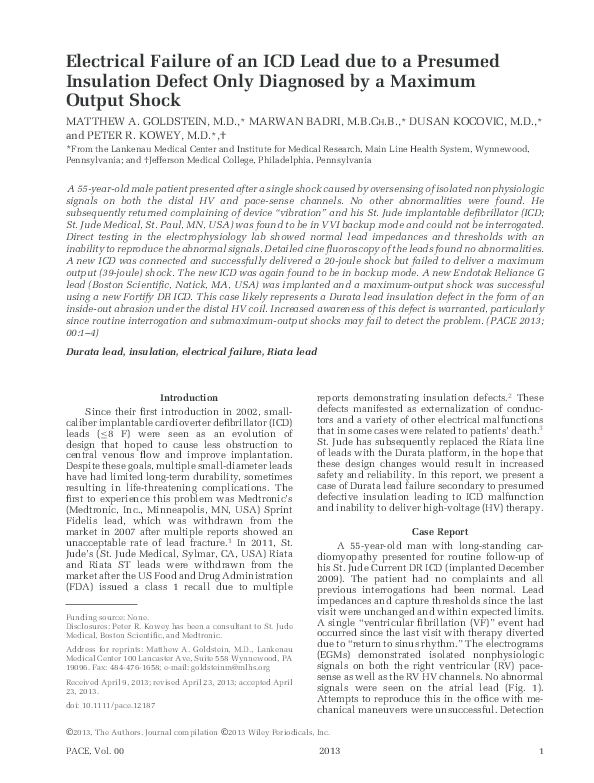 (PDF) Electrical Failure of an ICD Lead due to a Presumed Insulation ...