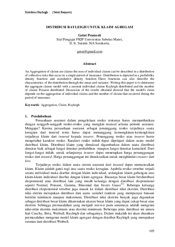 (PDF) Distribusi Rayleigh … (Getut Pramesti) 105 DISTRIBUSI RAYLEIGH ...