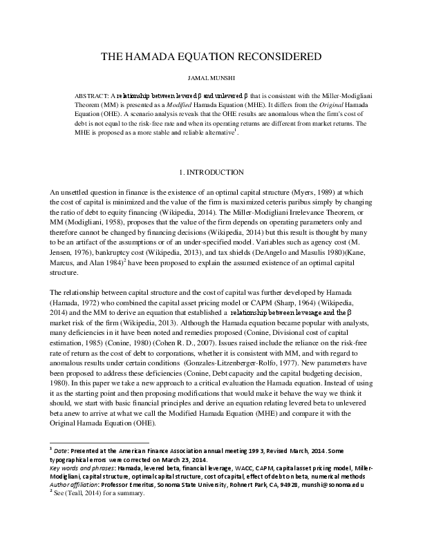 (PDF) THE HAMADA EQUATION RECONSIDERED