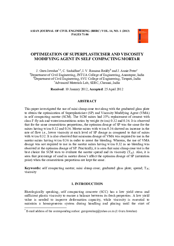 Pdf Optimization Of Superplasticiser And Viscosity Modifying Agent In Self Compacting Mortar
