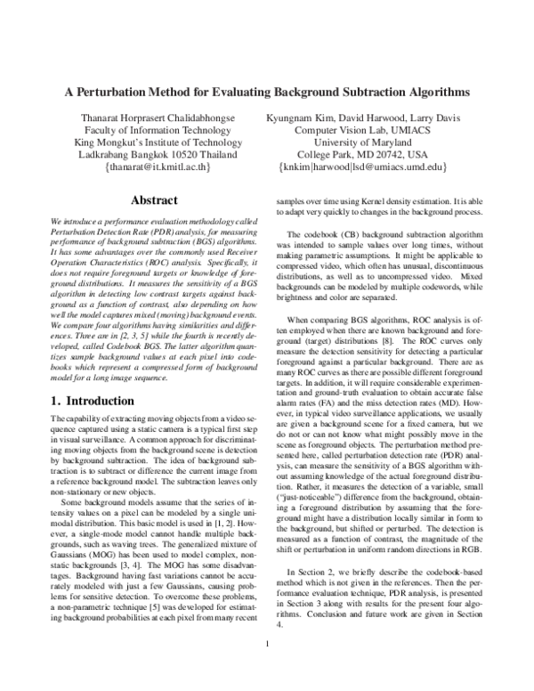 Pdf A Perturbation Method For Evaluating Background Subtraction Algorithms