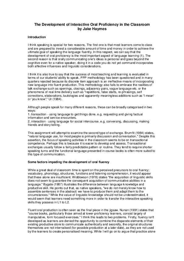 (DOC) The Development of Interactive Oral Proficiency in the Classroom