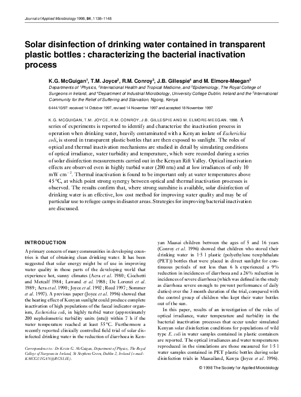 (PDF) Solar disinfection of drinking water contained in transparent ...