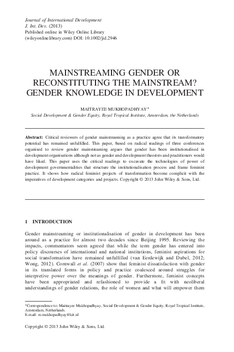 (PDF) MAINSTREAMING GENDER OR RECONSTITUTING THE MAINSTREAM? GENDER KNOWLEDGE IN DEVELOPMENT