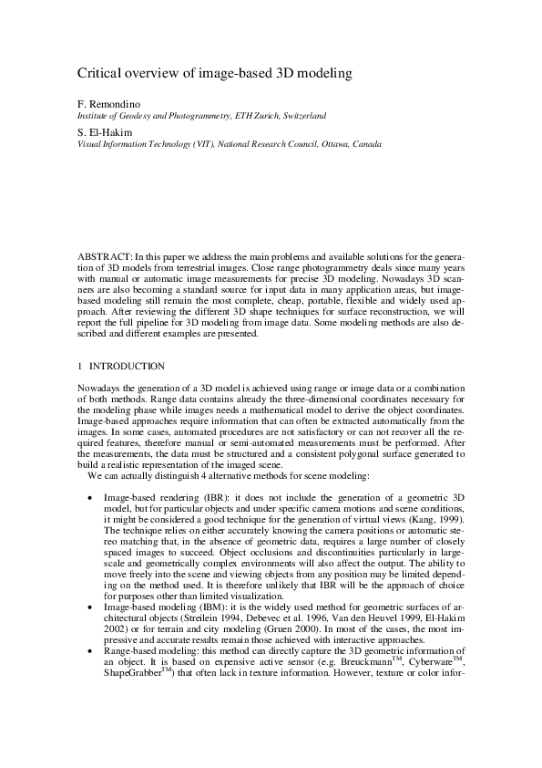 (PDF) Critical overview of image-based 3D modeling