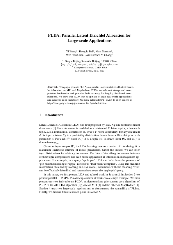 Pdf Plda Parallel Latent Dirichlet Allocation For Large Scale Applications