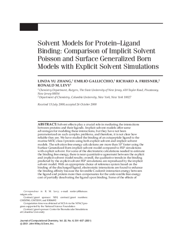 Pdf Solvent Models For Protein Ligand Binding Comparison Of Implicit