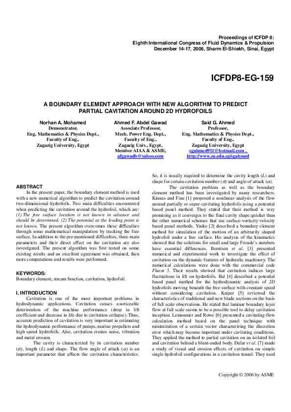 Pdf A Boundary Element Approach With New Algorithm To Predict Partial Cavitation Around 2d