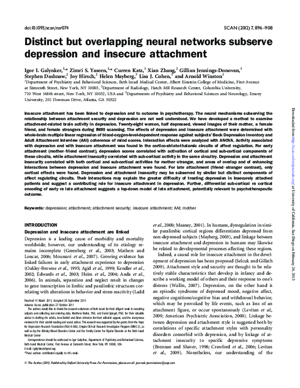 (PDF) Distinct but overlapping neural networks subserve depression and insecure attachment