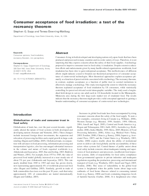 (PDF) Consumer acceptance of food irradiation: a test of the recreancy ...
