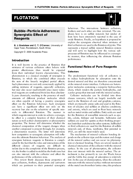(PDF) FLOTATION Bubble+Particle Adherence: Synergistic Effect of Reagents