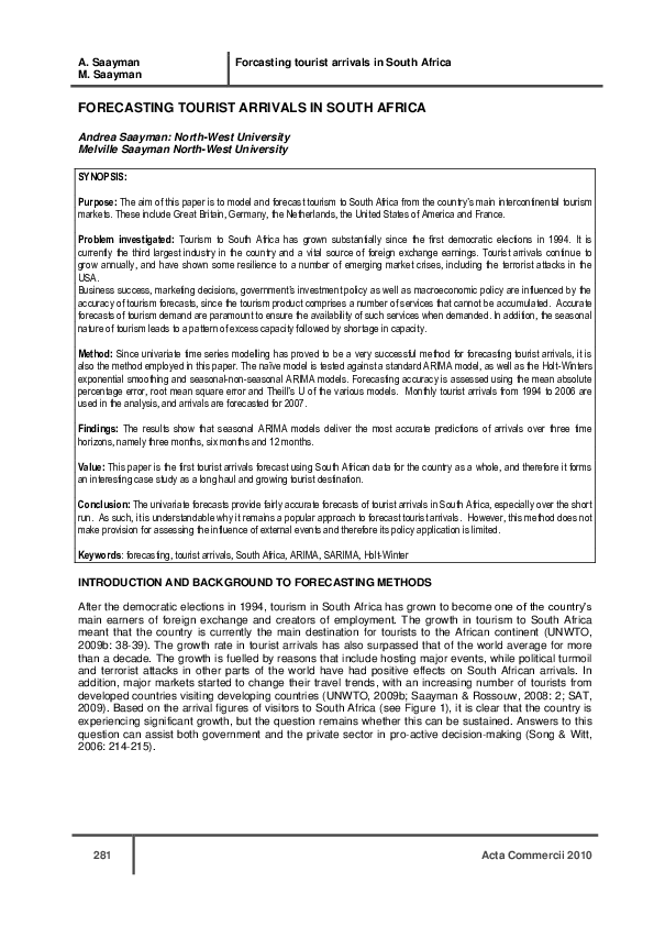 Pdf A Forecasting Tourist Arrivals In South Africa