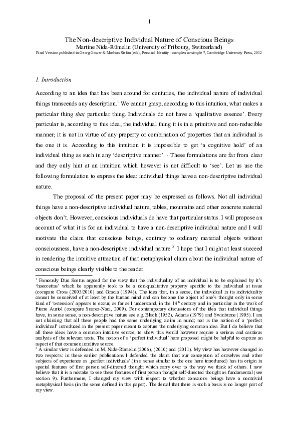 The Non-descriptive Individual Nature of Conscious Beings 2012