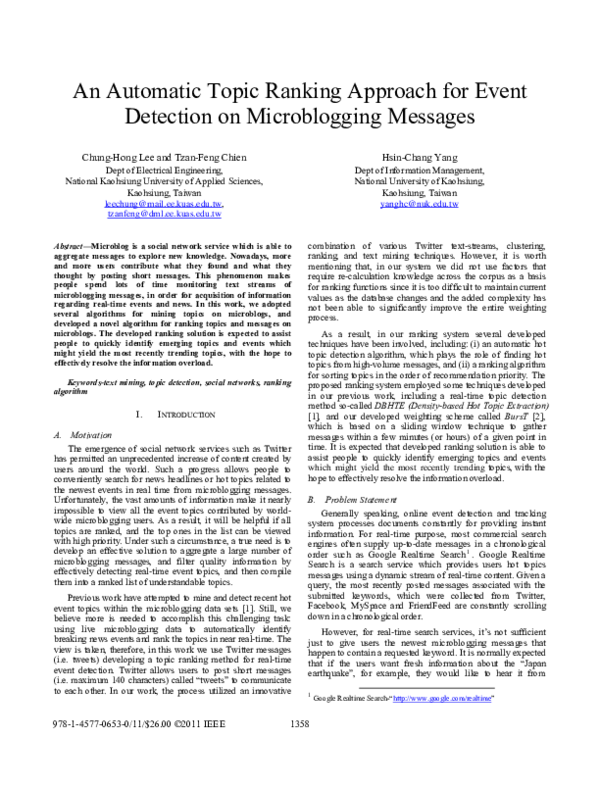 (PDF) An Automatic Topic Ranking Approach for Event Detection on Microblogging Messages