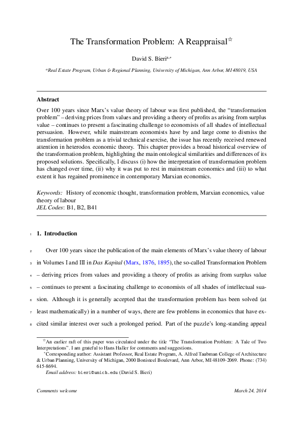 (PDF) The Transformation Problem: A Tale of Two Interpretations