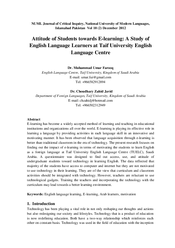 (PDF) Attitude of Students towards E-learning: A Study of English Language Learners at Taif ...