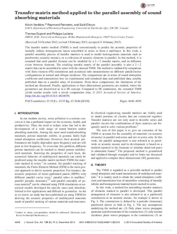 (PDF) Transfer matrix method applied to the parallel assembly of sound ...