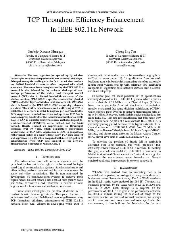 Pdf Tcp Throughput Efficiency Enhancement In Ieee 80211n Network