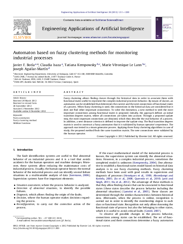 Pdf Automaton Based On Fuzzy Clustering Methods For Monitoring Industrial Processes