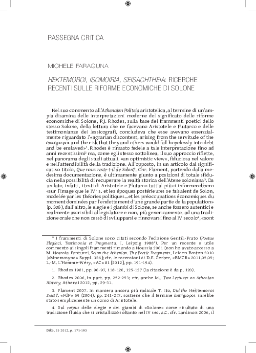 (PDF) M. Faraguna, Hektemoroi, isomoiria, seisachtheia. Ricerche ...