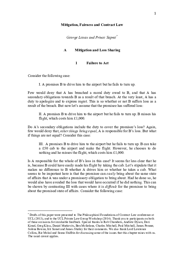 (PDF) 'Mitigation, Fairness and Contract Law'. Forthcoming in ...