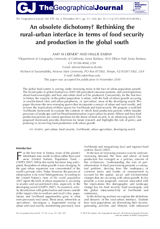 Pdf An Obsolete Dichotomy Rethinking The Rural Urban Interface In Terms Of Food Security And