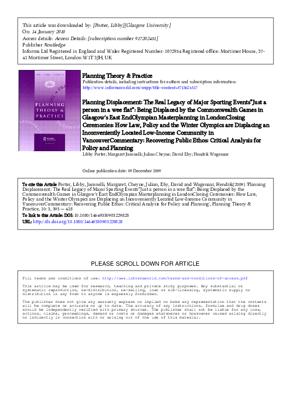 (PDF) Planning displacement: The real legacy of major sporting events