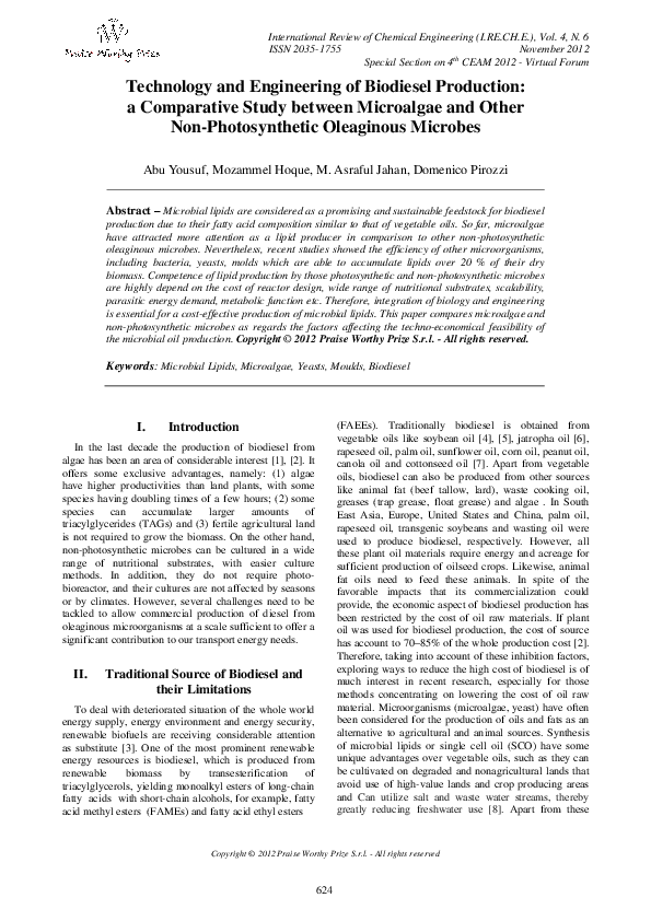(PDF) Technology and Engineering of Biodiesel Production: a Comparative ...